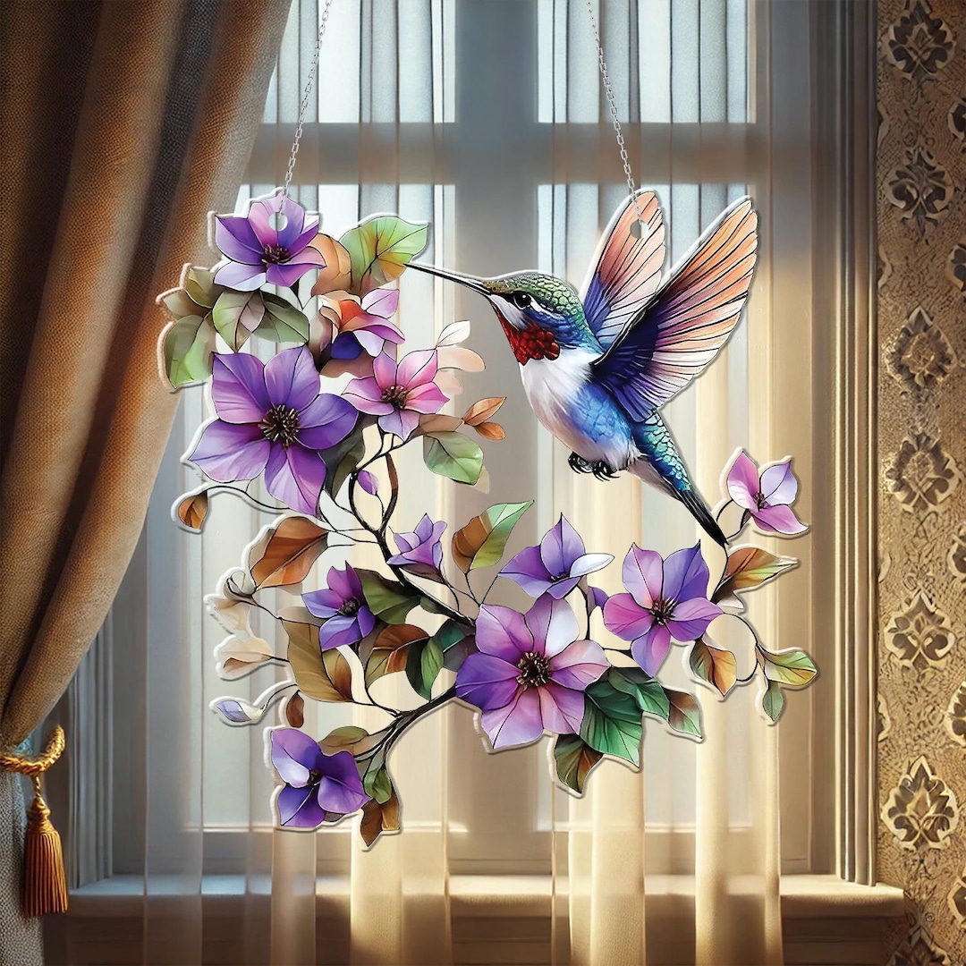 Clematis Flower and Hummingbird Acrylic Suncatcher, Faux Stained Glass ...