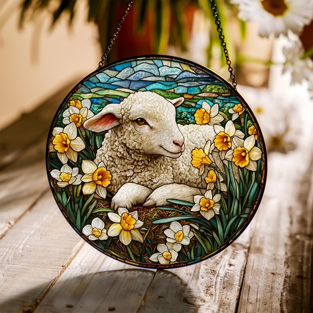 Daffodil and Lamb Stained Glass Suncatcher, Baby Sheep With Spring ...
