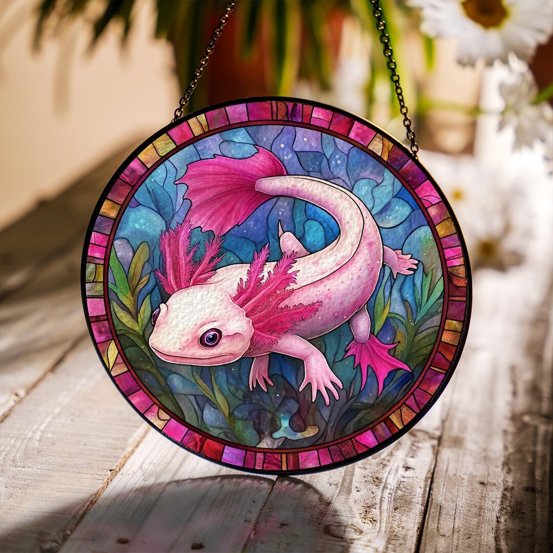 Axolotl Glass Suncatcher, Cute Pink Salamander Window Decor, Faux ...