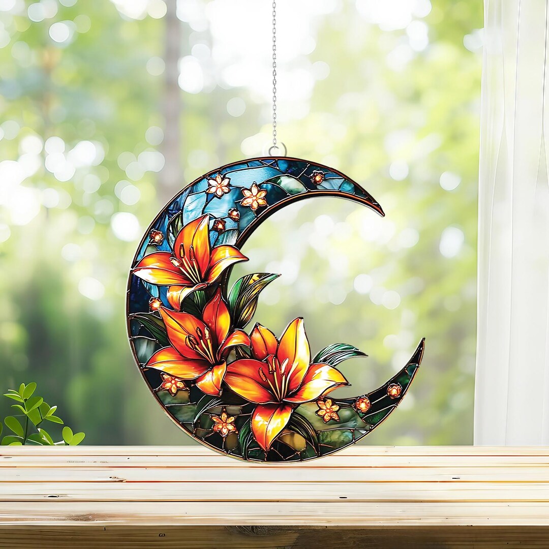 Lily Flowers on Crescent Moon Window Hanging, Lilies Suncatcher Window ...