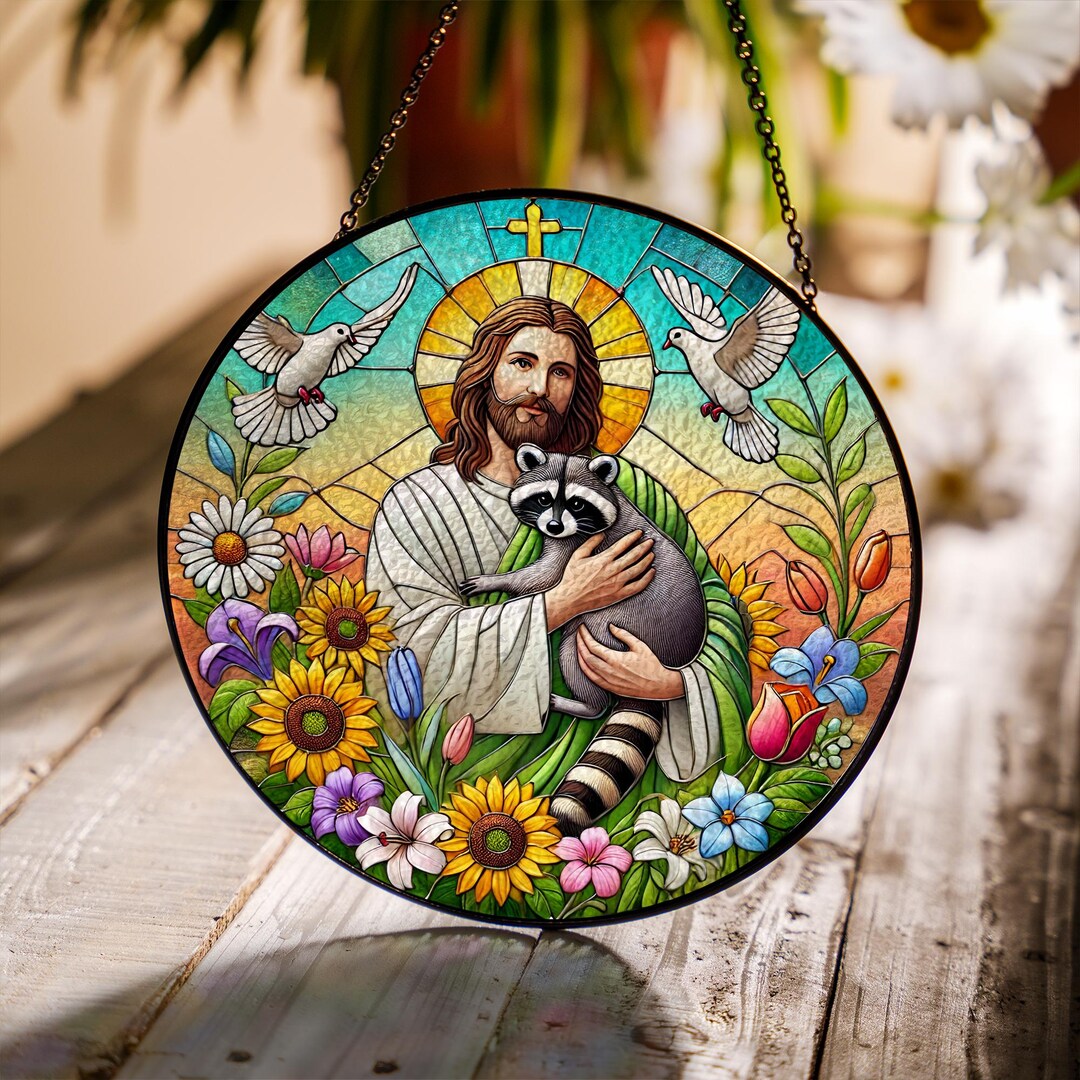 Jesus Hugging Raccoon Stained Glass Suncatcher, Funny Christian Decor ...