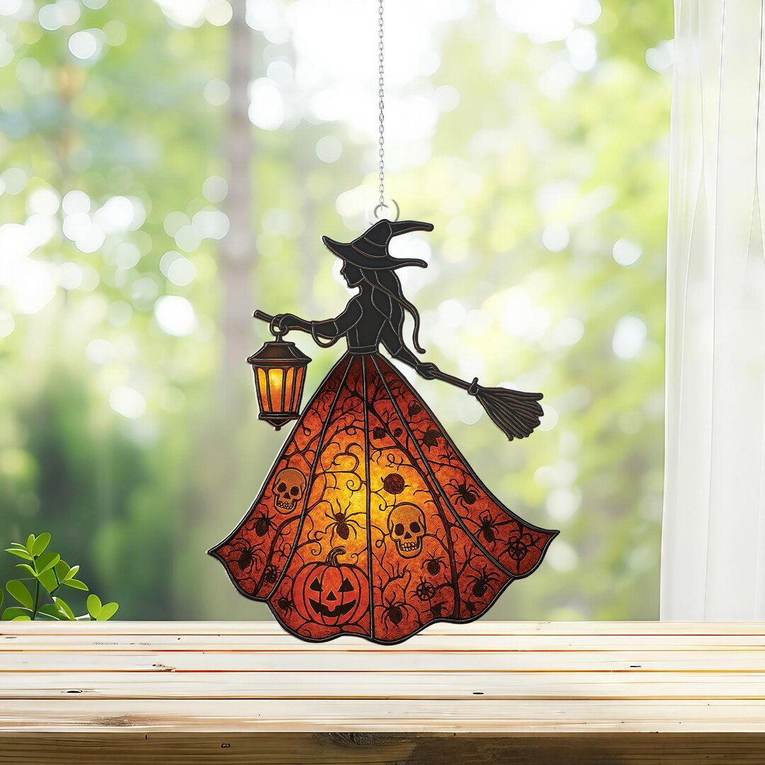 2D Witch With Lantern Acrylic Suncatcher, Halloween Window Hanging ...