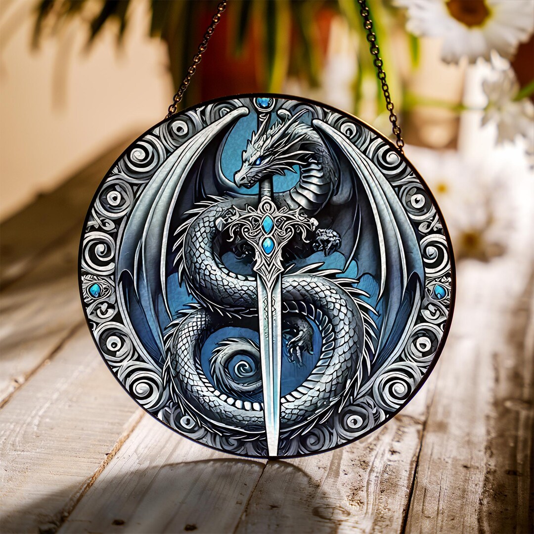 Dragon Sword Stained Glass Suncatcher, Gothic Fantasy Dragon Window ...