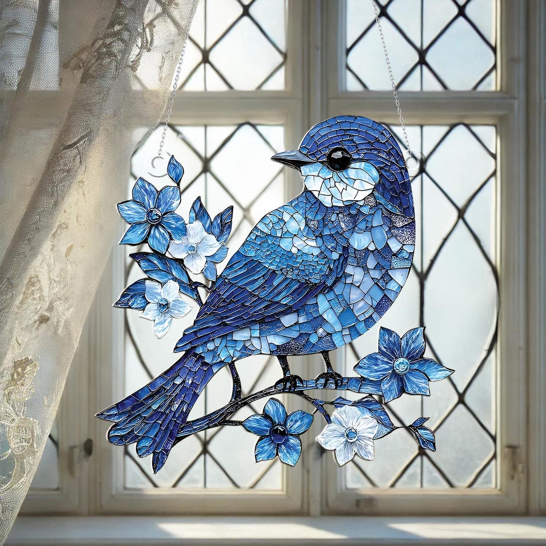 Eastern Bluebird Acrylic Window Hanging, Hummingbird With Flowers ...