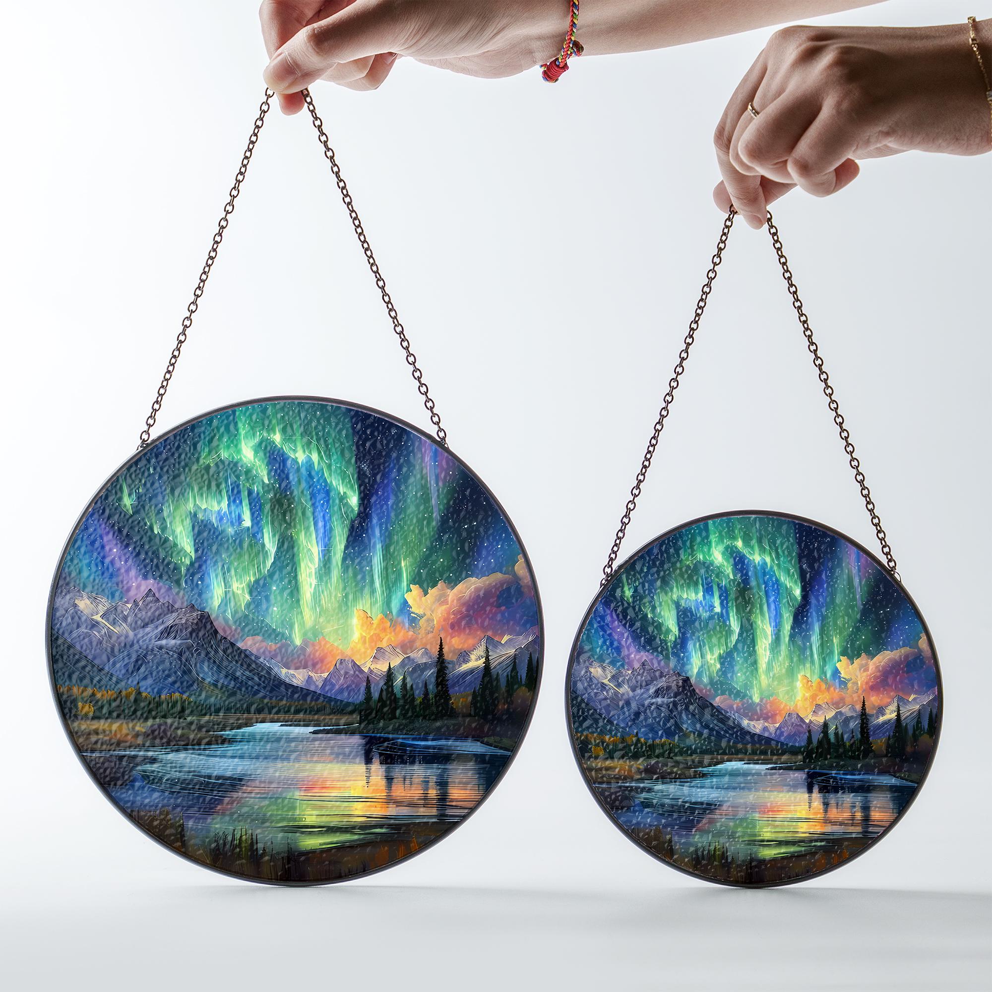 Northern Lights Aurora Glass Suncatcher, Forest Window Hanging Decor ...