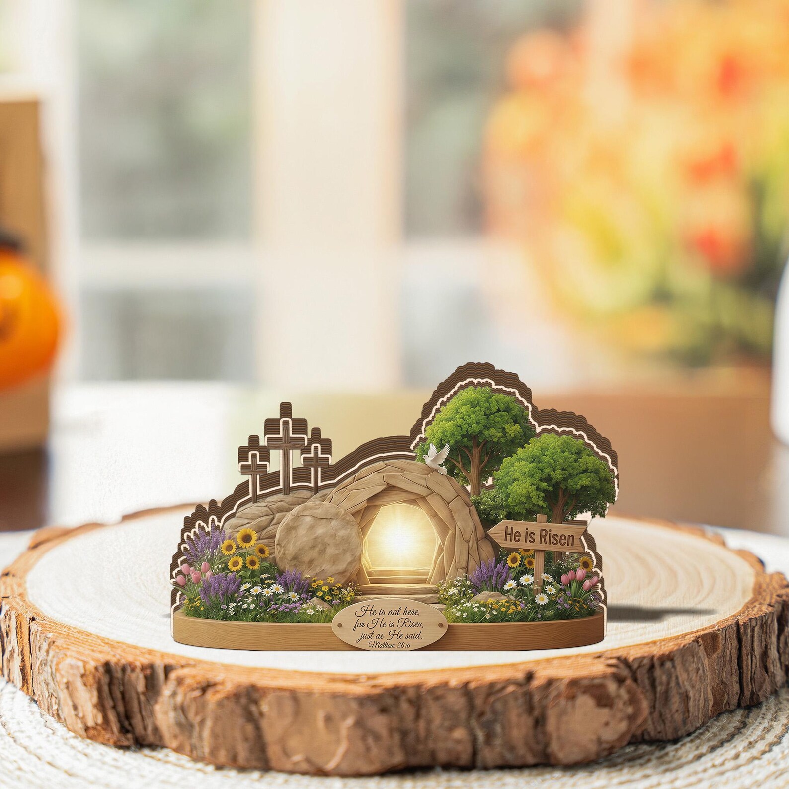 2D Flat He is Risen Wooden Block Easter Scene, Empty Tomb Decor With ...
