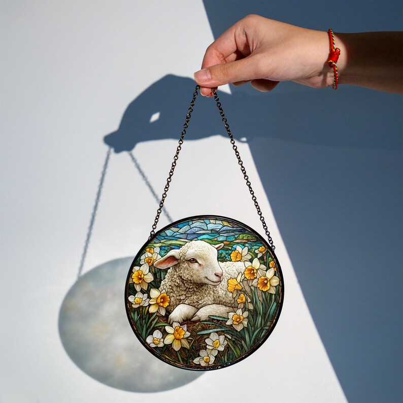 Daffodil and Lamb Stained Glass Suncatcher, Baby Sheep With Spring ...