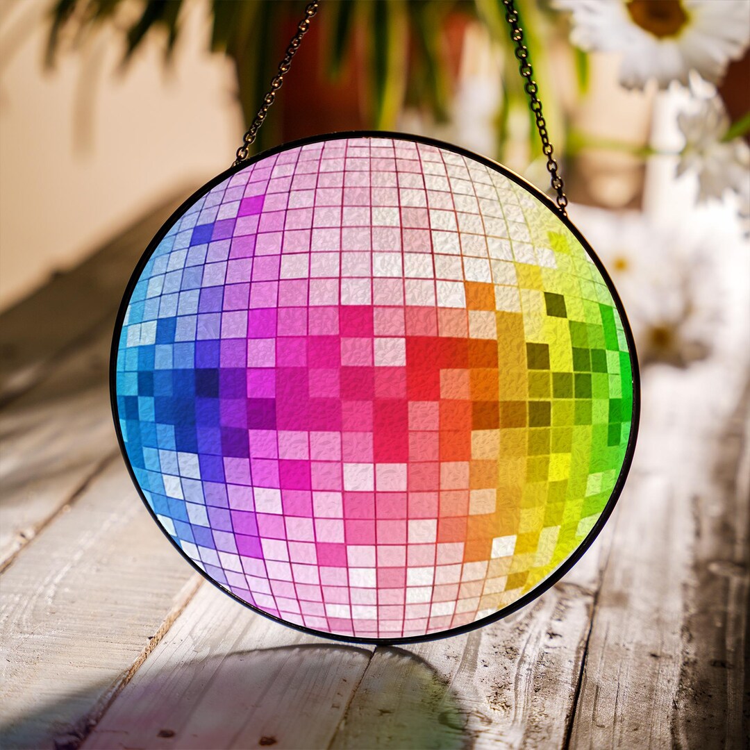 Retro Disco Ball Glass Suncatcher, Colorful Faux Stained Glass Hanging ...