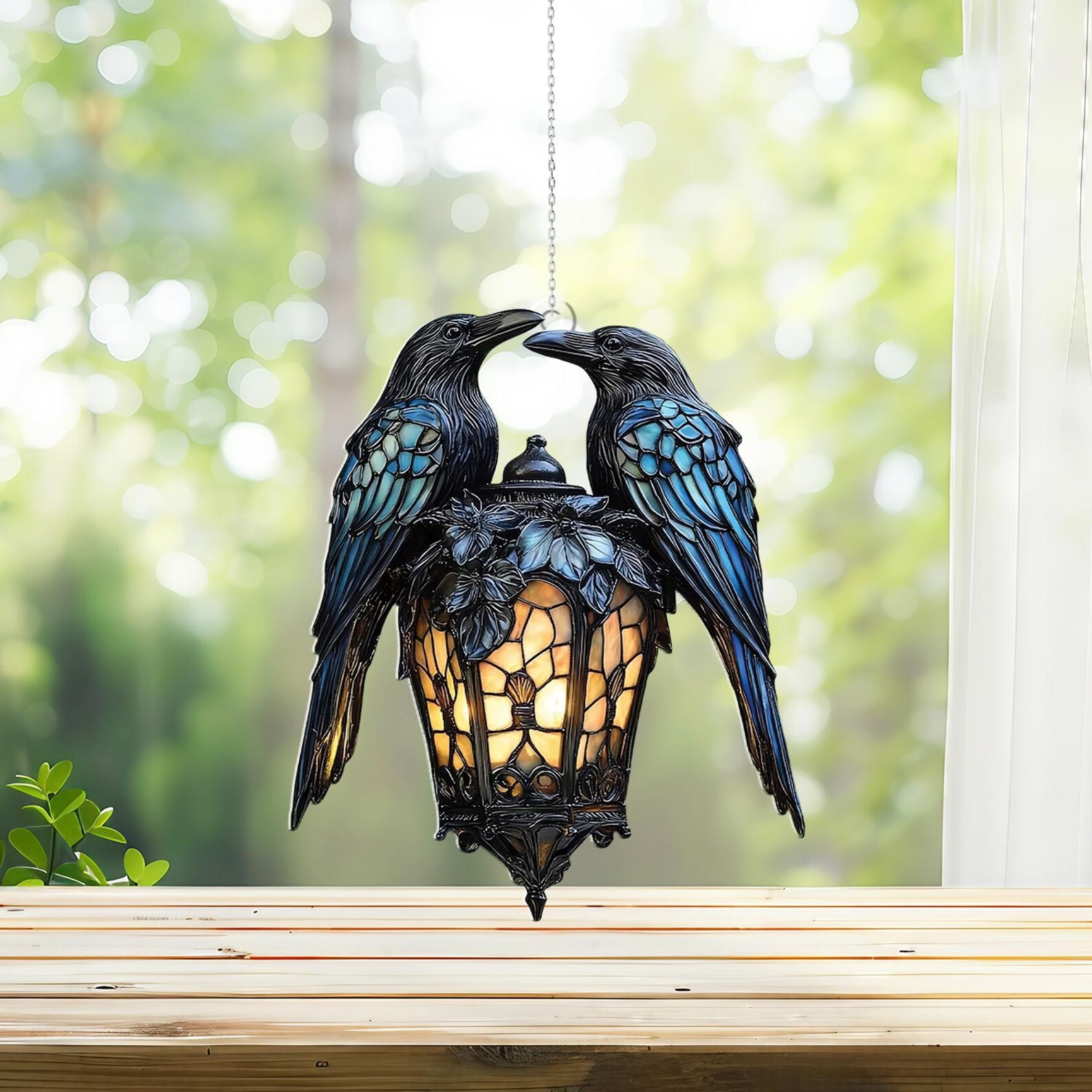 Acrylic Raven Gothic on Lantern 2D Suncatcher, Faux Stained Glass ...