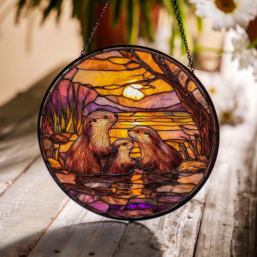 Otter Family Glass Suncatcher, Sunset River Scene Window Hanging, Otter ...