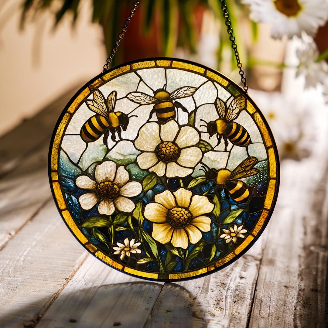 Bee Wildflowers Glass Suncatcher, Honey Bee Suncatcher Gift for Garden ...