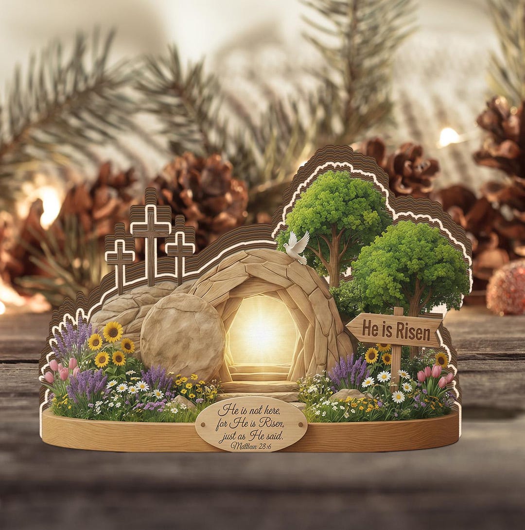 2D Flat He is Risen Wooden Block Easter Scene, Empty Tomb Decor With ...