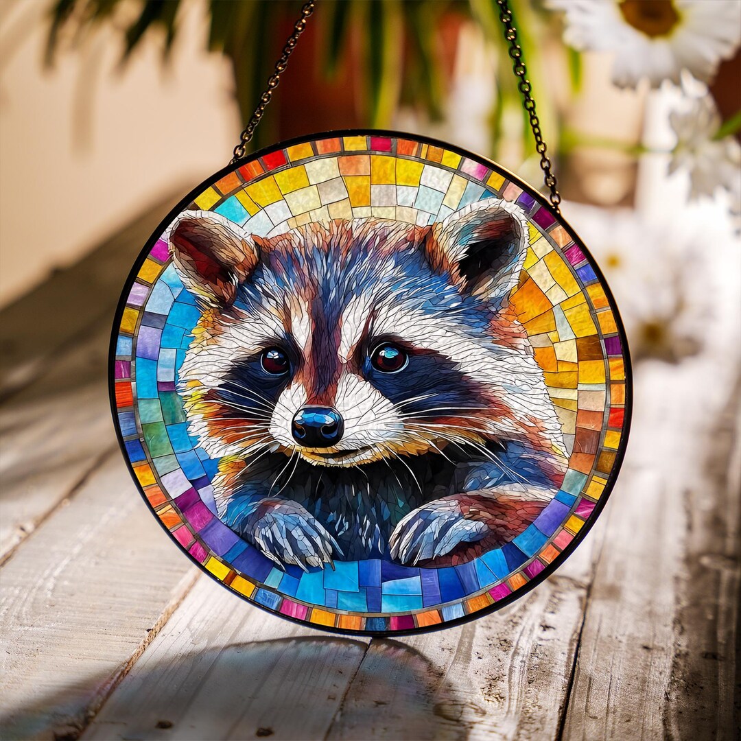 Raccoons Stained Glass Suncatcher, Funny Raccoon Glass Ornament ...