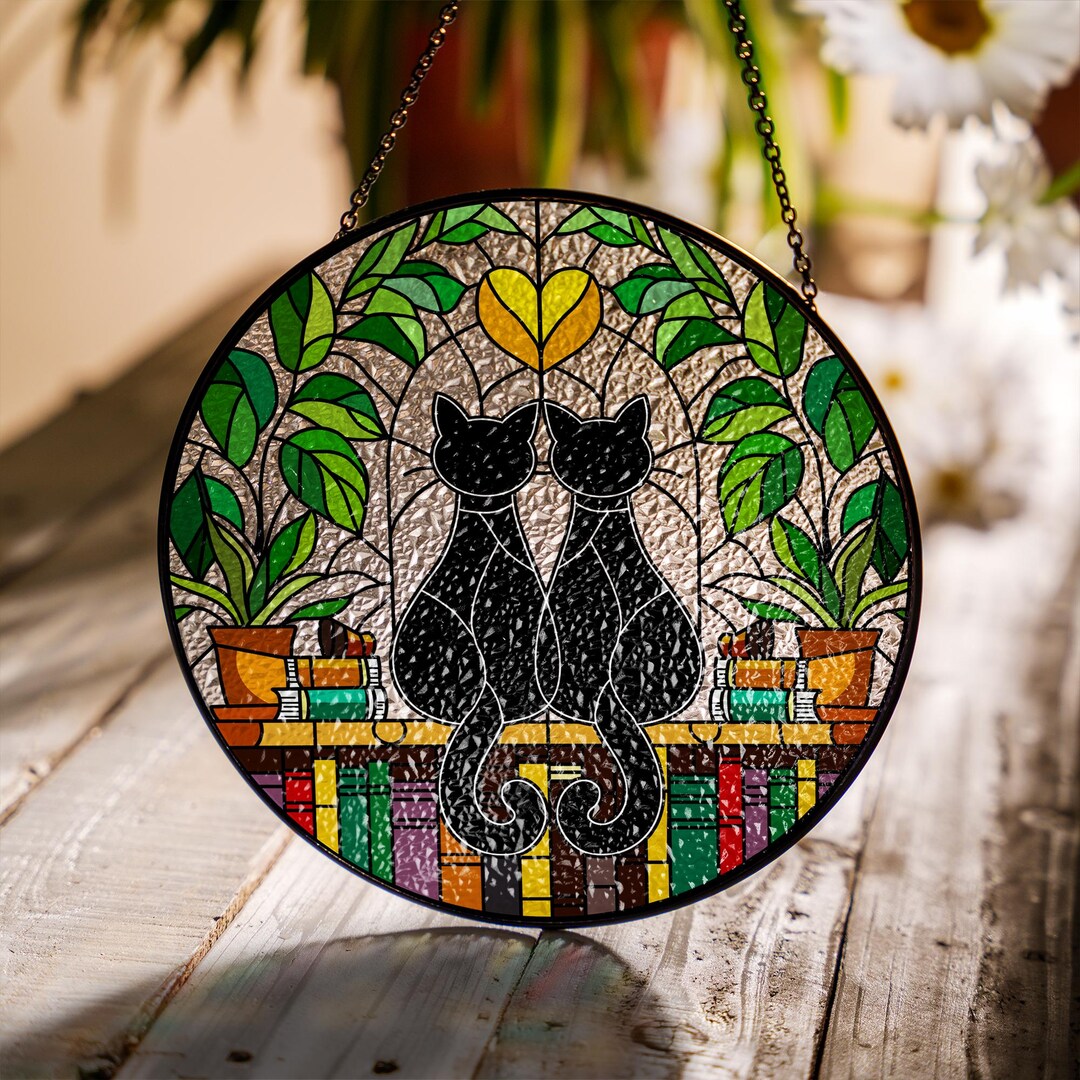 Two Black Cats and Book Stained Glass Suncatcher, Book Lover Window ...
