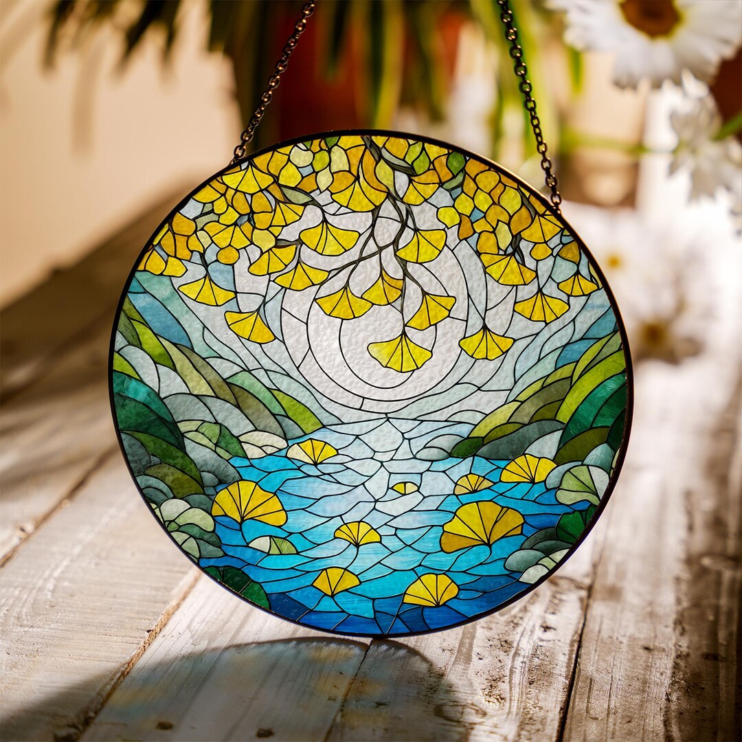Ginkgo Leaf Stained Glass Suncatcher, Yellow Leaves Window Hanging ...