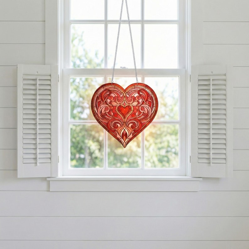 Heart Glass Suncatcher, Romantic Window Hanging Decor, Love Stained ...