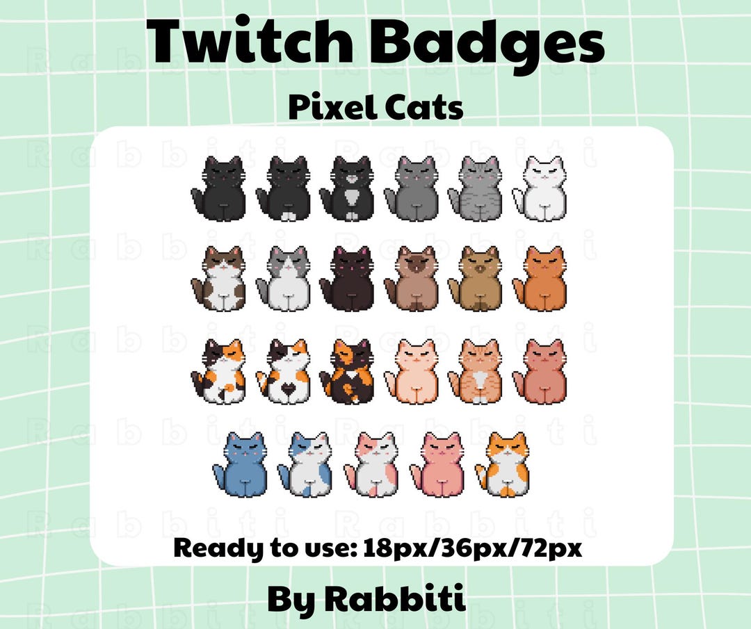 Cute Pixel Cat Sub Badges for Twitch, 23 Cats With Crowns and Collars ...