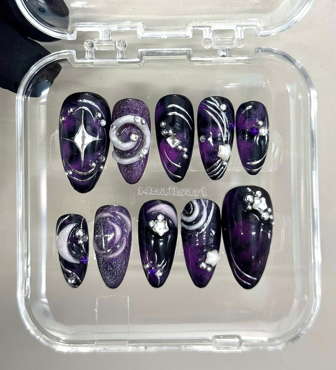 Galaxy Press on Nails – Handmade Purple Black Cosmic Moon Star Nail Art ...