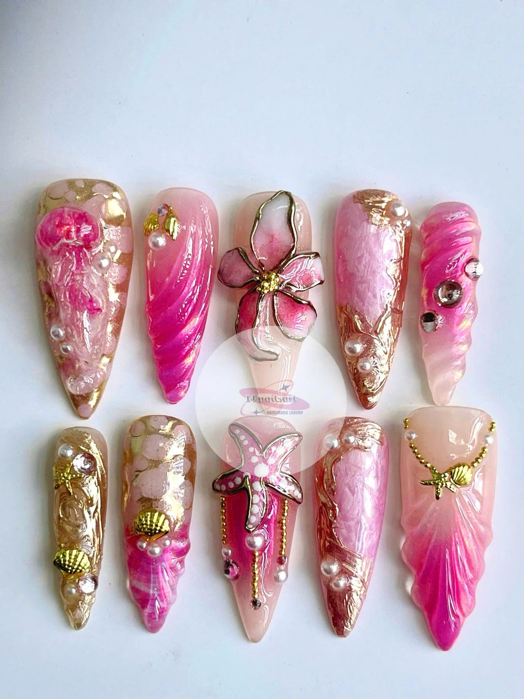 Hand Painted Pink Sunset Press on Nails: Long Almond, Y2K Goth - Etsy
