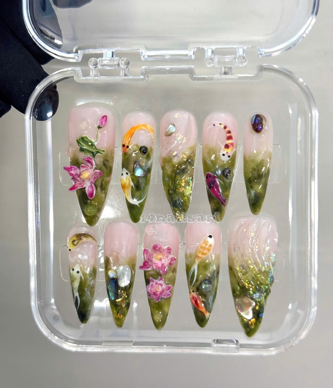Handmade Koi Fish Press on Nails – 3D Lotus Garden, Long Stiletto - Etsy