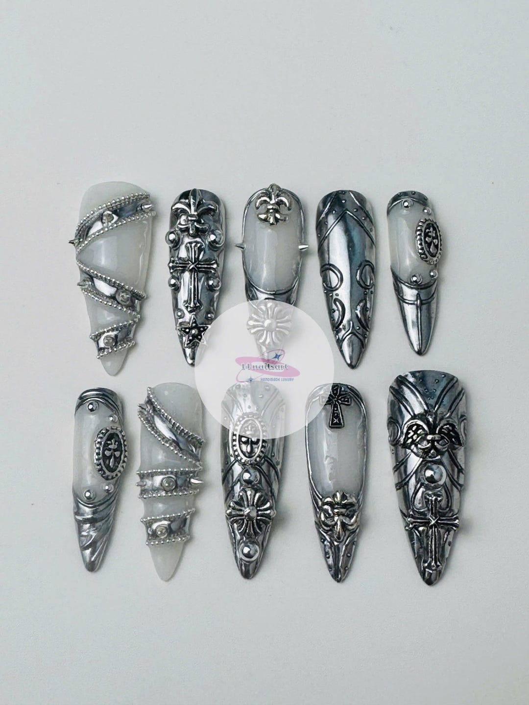 Freestyle Gothic Medieval Silver 3D Press on Nails With Cross Vintage ...
