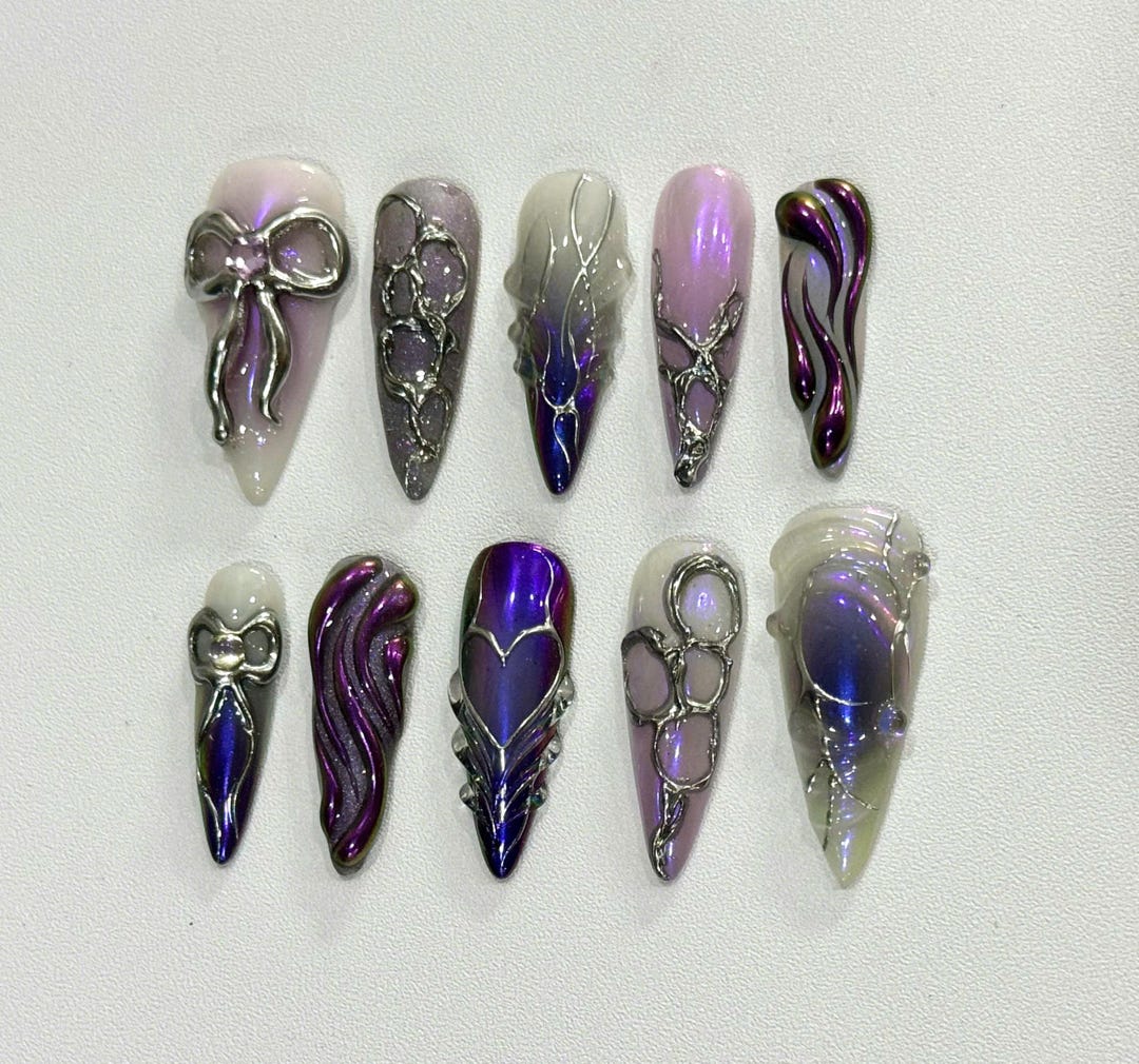 Handmade Purple Chrome Stiletto Press on Nails – Bow & Heart Nail Set ...