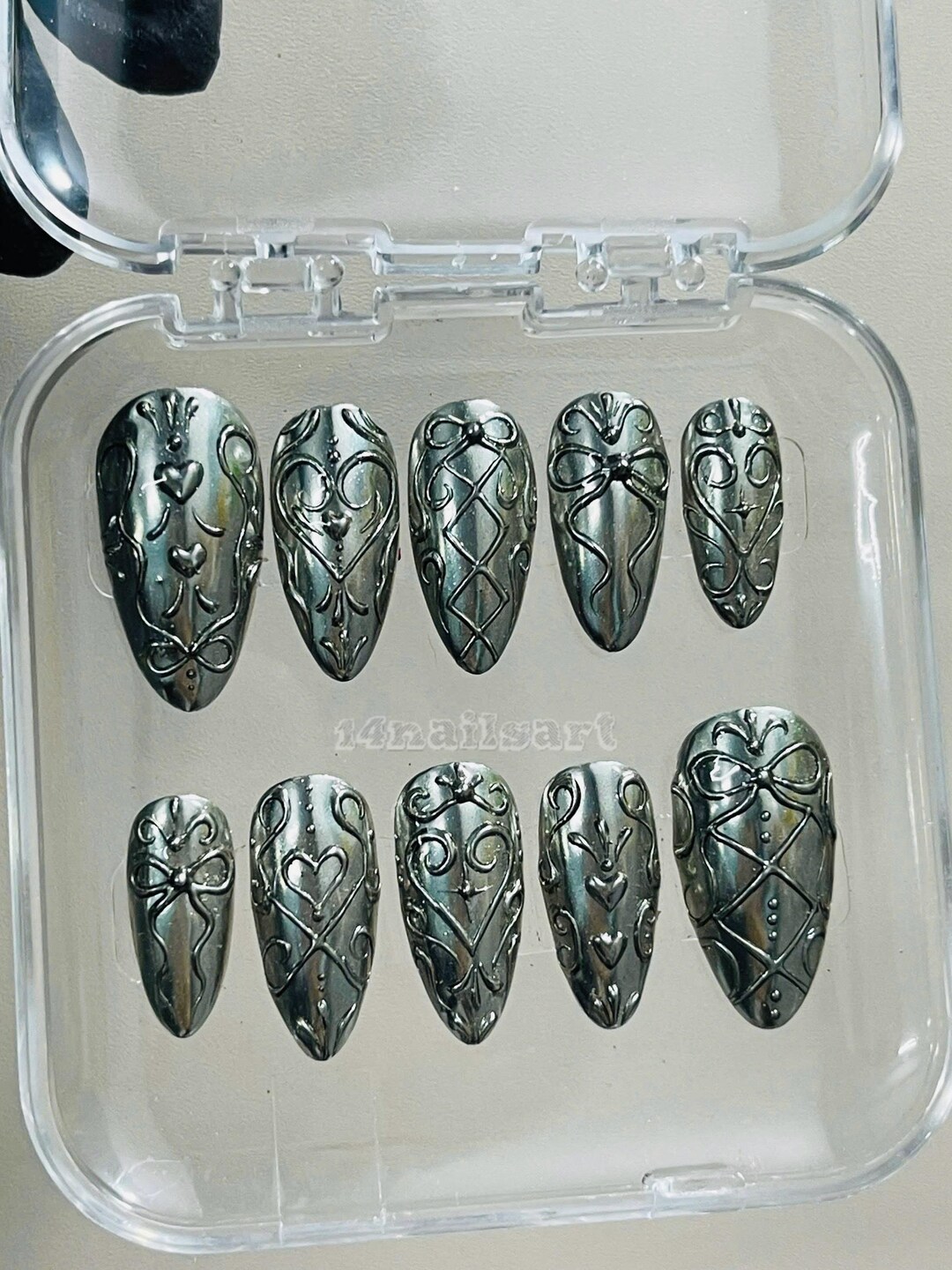 Silver Carved Heart Press on Nails – Handmade Metallic Engraved Bow ...