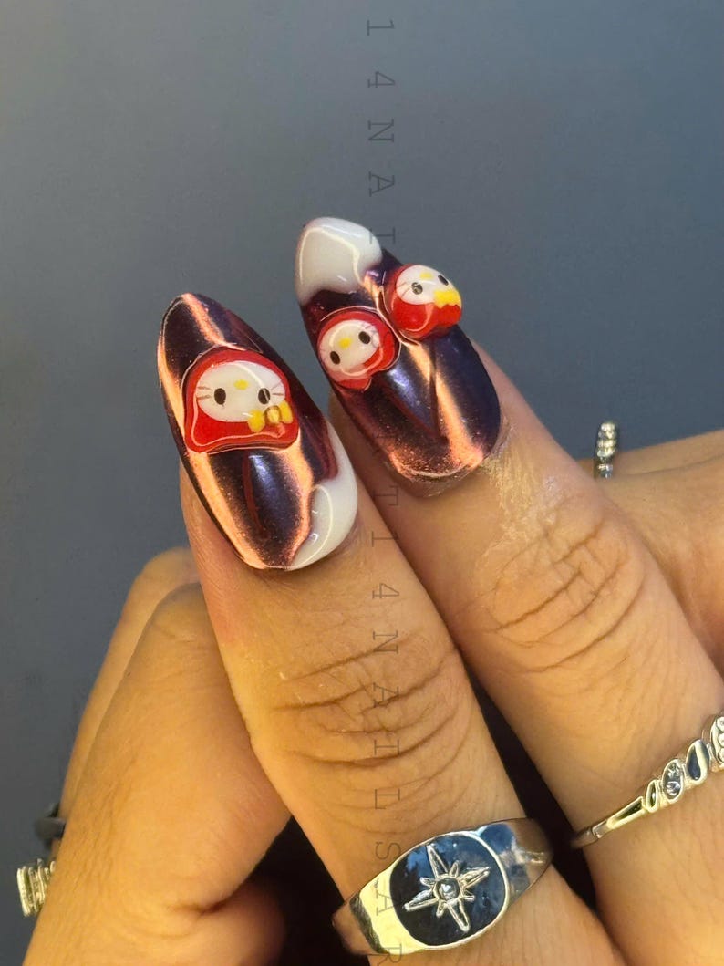 Cherry Star Chrome Medium Almond Press on Nails | Valentine Red Nails ...