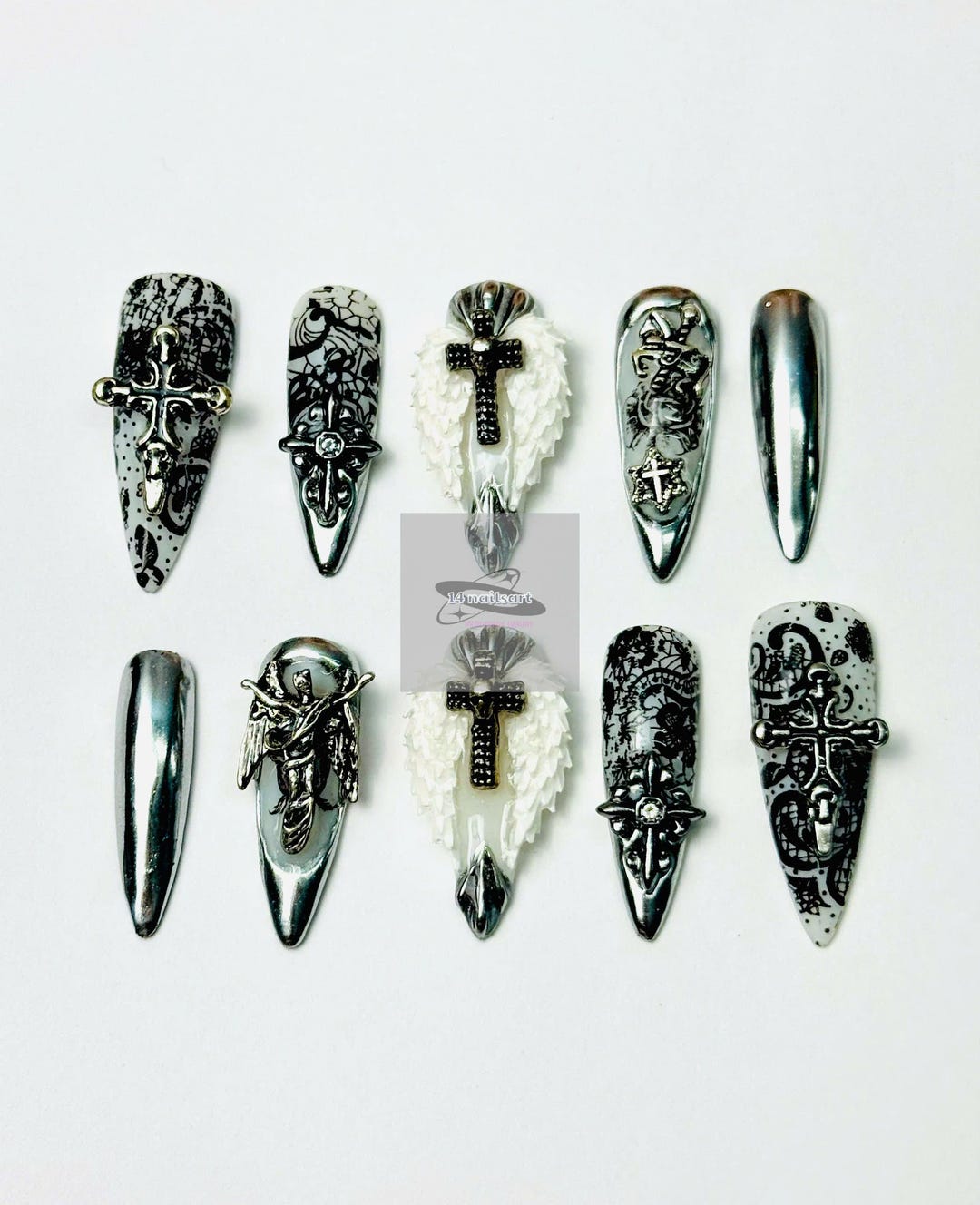 Gothic Angel Chrome Long Stiletto Press on Nails | Black Silver Cross ...