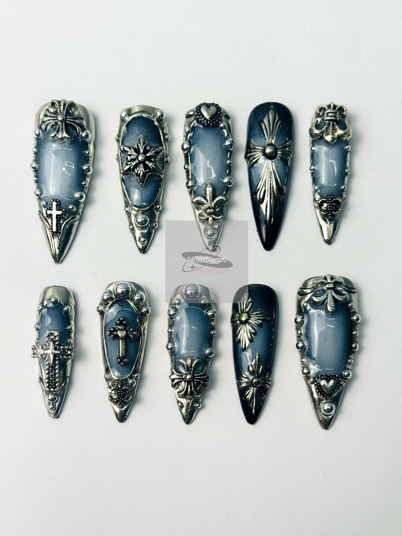 Silver Gothic Cross Press on Nails – Black & Chrome 3D Embellished Nail ...