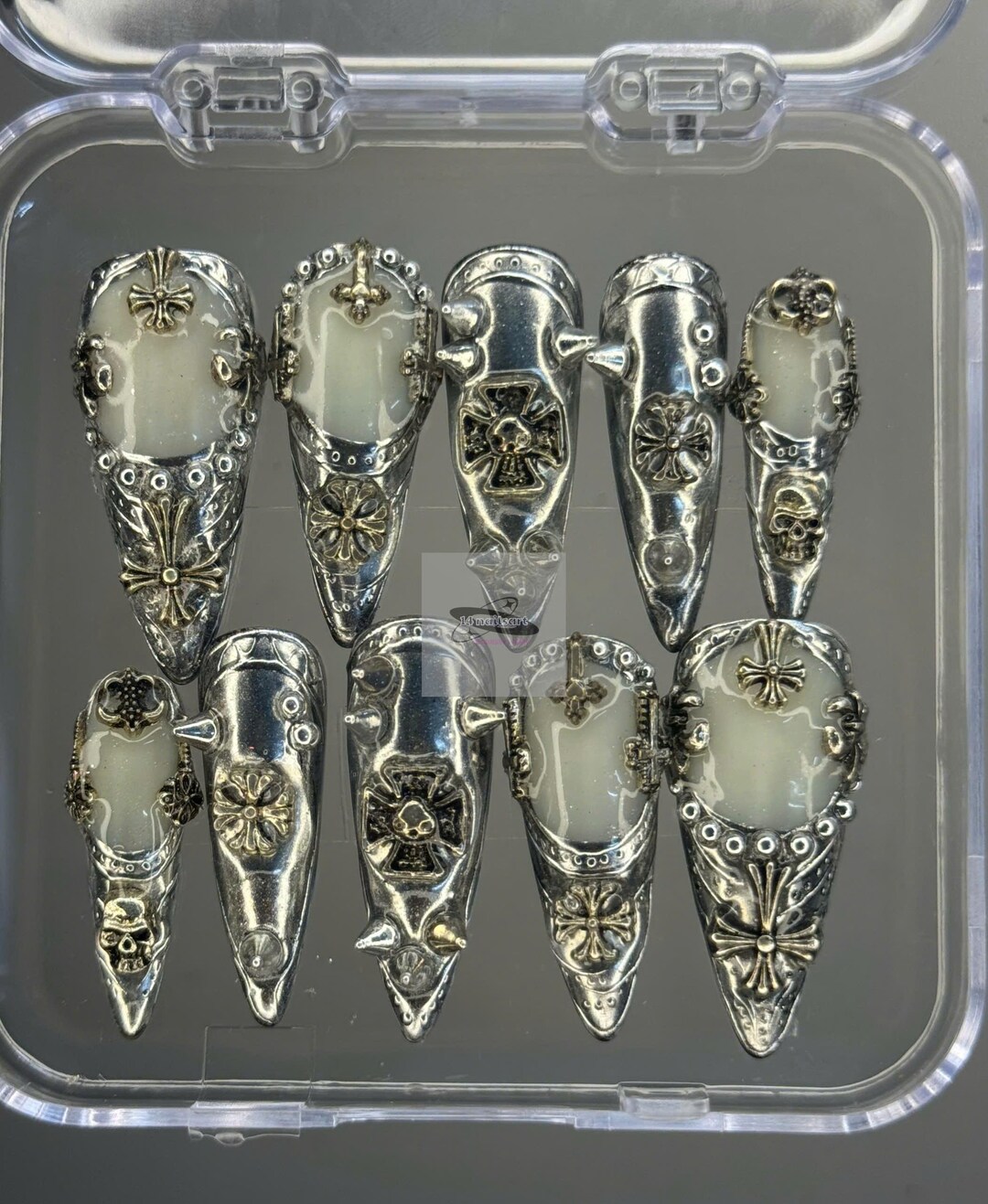 Gothic Armor Long Almond Press on Nails | Silver Metal Nail Art With ...