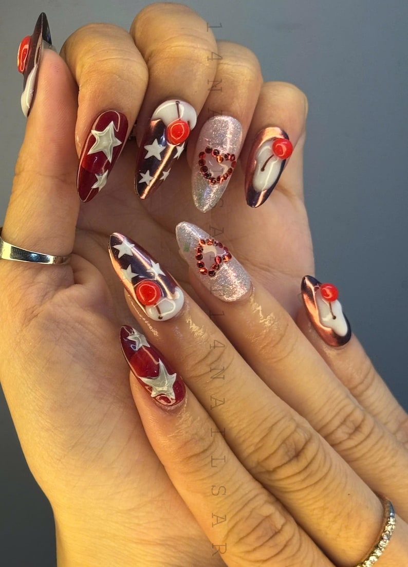 Cherry Star Chrome Medium Almond Press on Nails | Valentine Red Nails ...