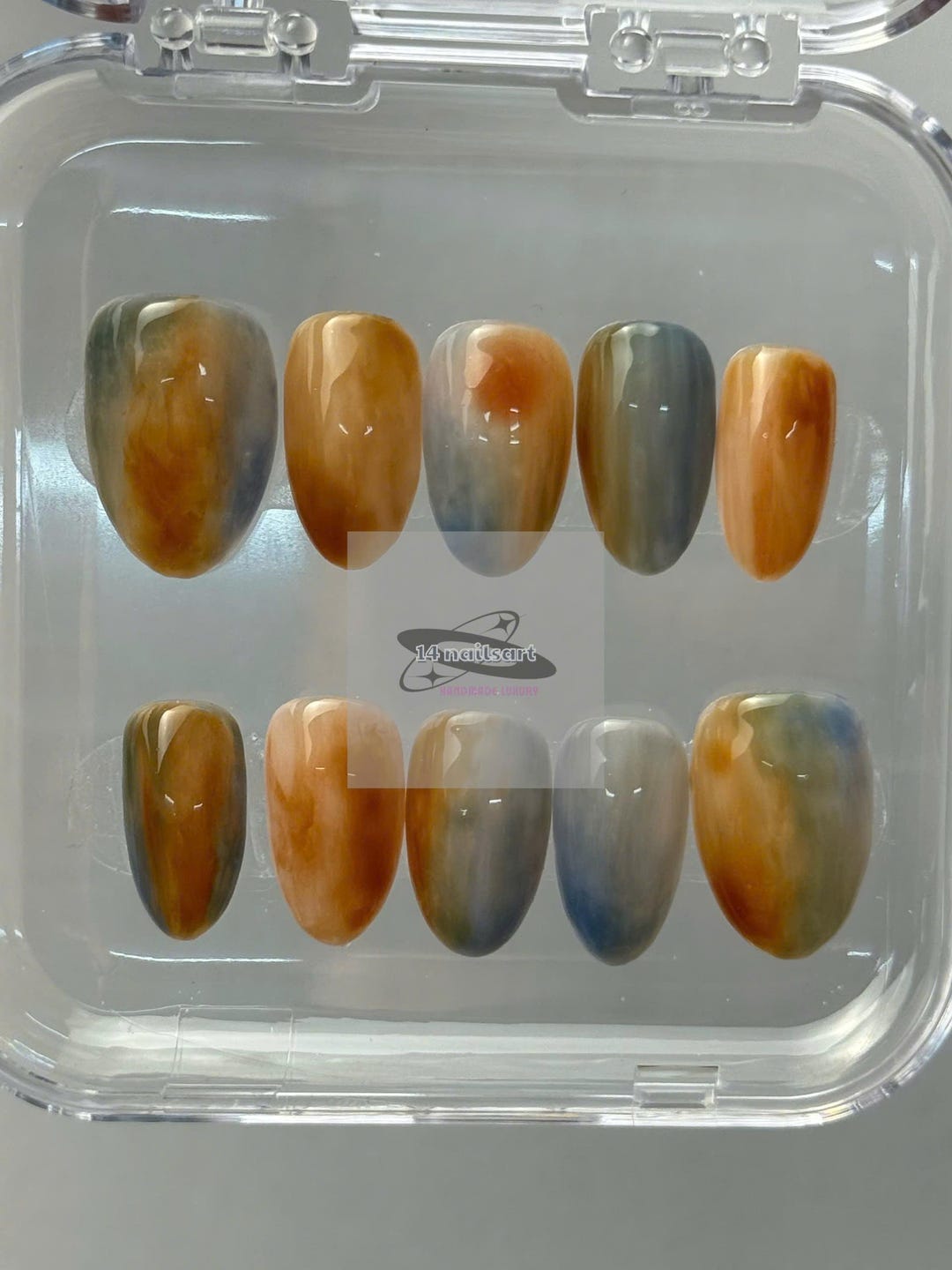 Hand Painted Amber Effect Press on Nails: Brown Gray Blue Oval - Etsy