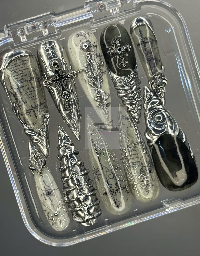 Luxury Gothic Chrome Press on Nails | Black Silver Cathedral Nails ...