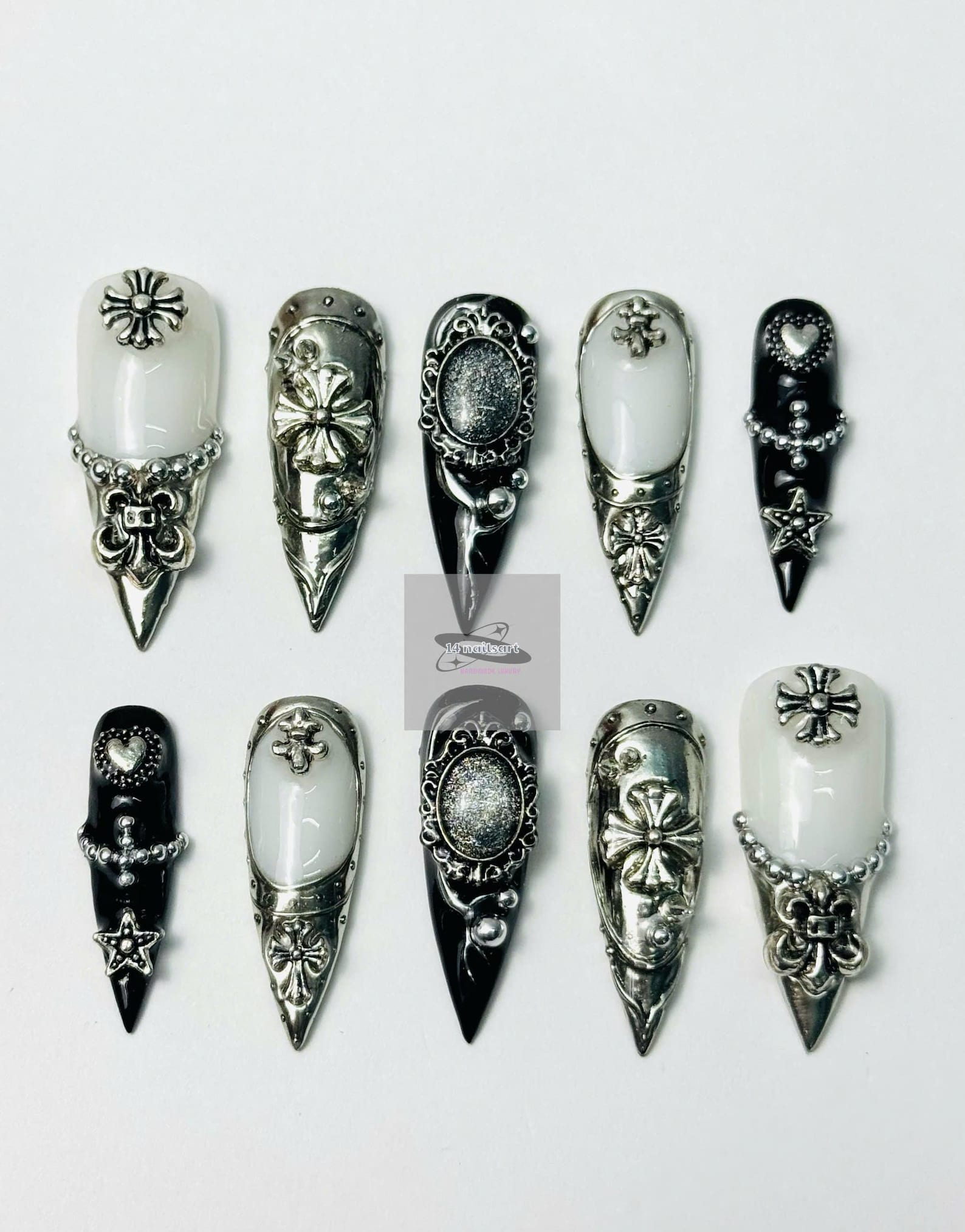 Freestyle Gothic Chrome Silver Press on Nails Long Stiletto, Black ...