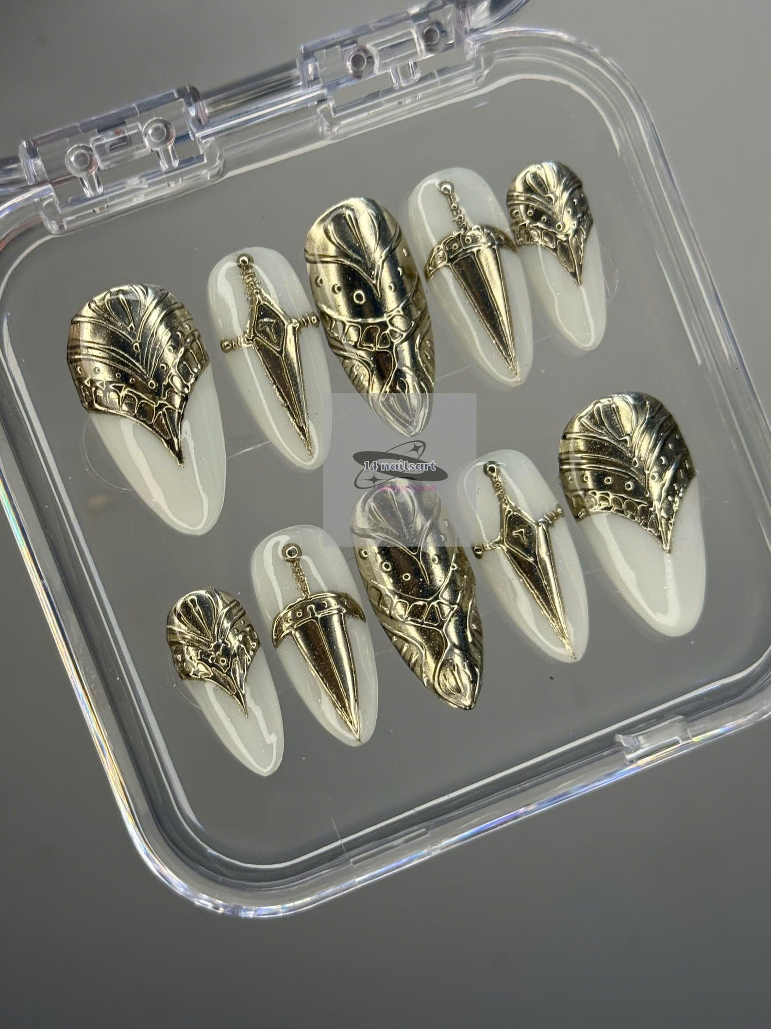 Gothic Armor Medium Almond Press on Nails | 3D Antique Gold Warrior ...