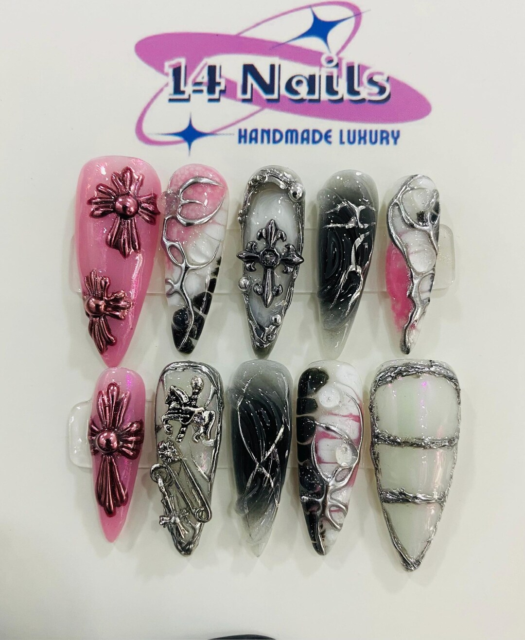 Handmade Gothic Pink & Black Press on Nails – Silver Chrome Nail Art ...
