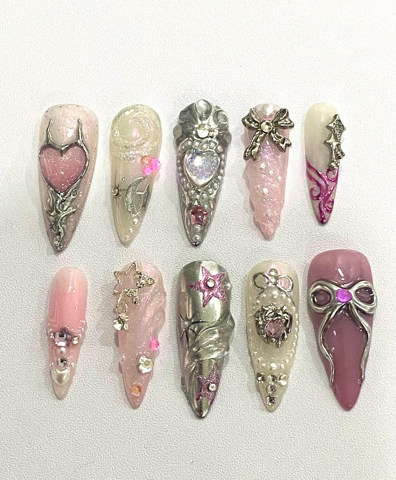 Pink Silver 3D Nail Art Press on Nails – Handmade Glam False Nails - Etsy