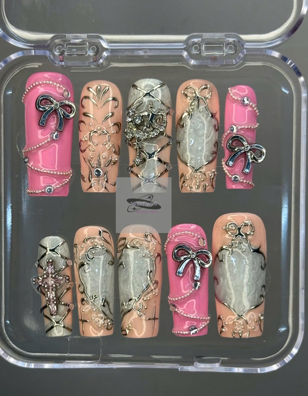Gothic Baroque Press on Nails, Silver Cross Bow Charms, Pink Beige ...
