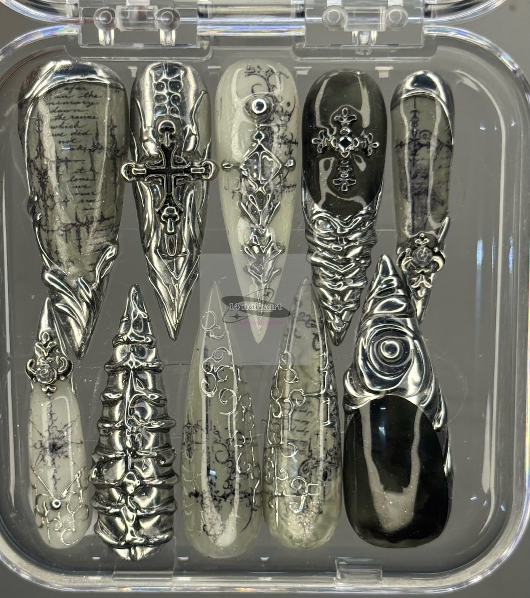 Luxury Gothic Chrome Press on Nails | Black Silver Cathedral Nails ...