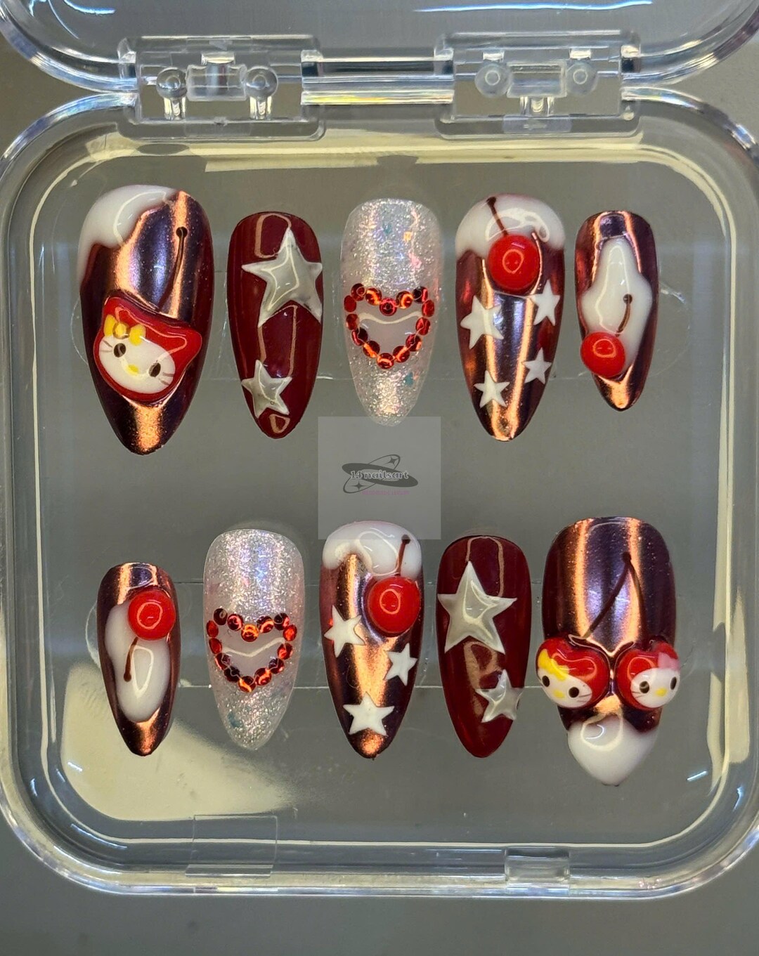 Cherry Star Chrome Medium Almond Press on Nails | Valentine Red Nails ...