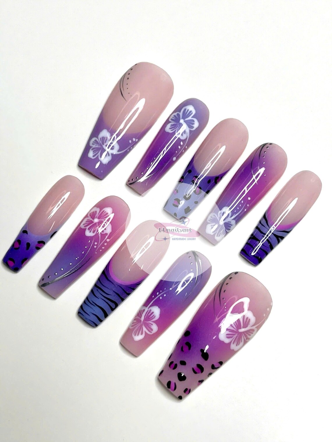 Handmade Tropical Press on Nails – Pink Purple Ombre, Floral Zebra - Etsy
