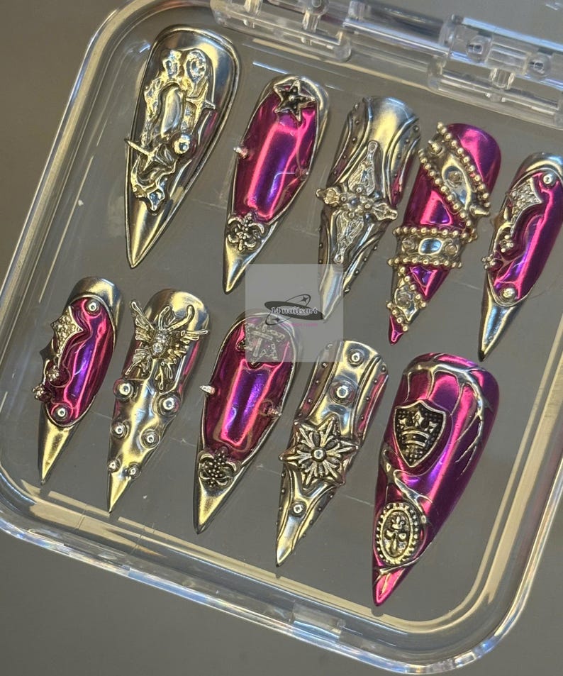 Pink Chrome Press on Nails | Gothic Stiletto Armor, 3D Shield - Etsy UK