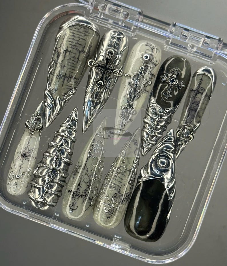 Luxury Gothic Chrome Press on Nails | Black Silver Cathedral Nails ...