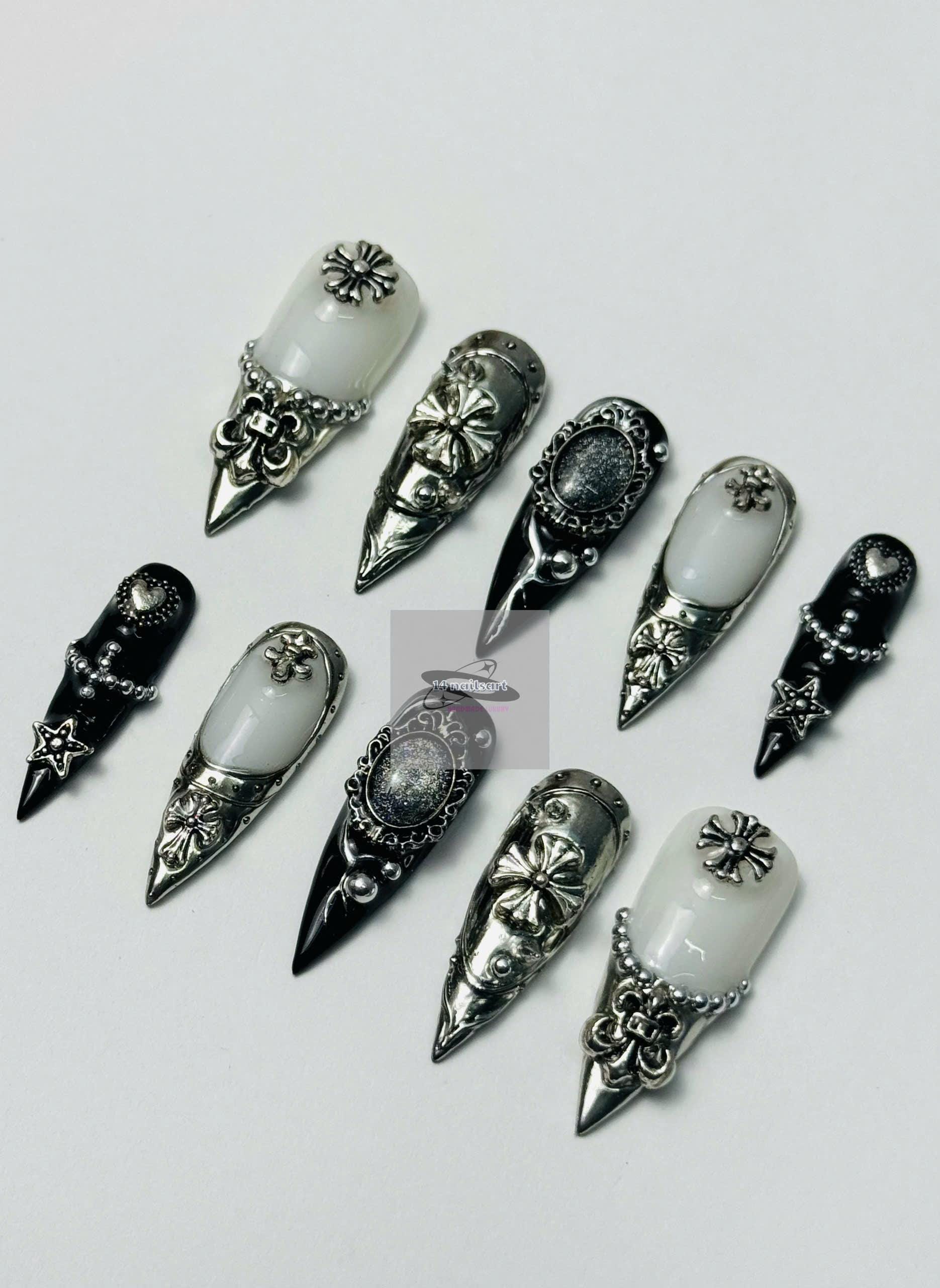 Freestyle Gothic Chrome Silver Press on Nails Long Stiletto, Black ...