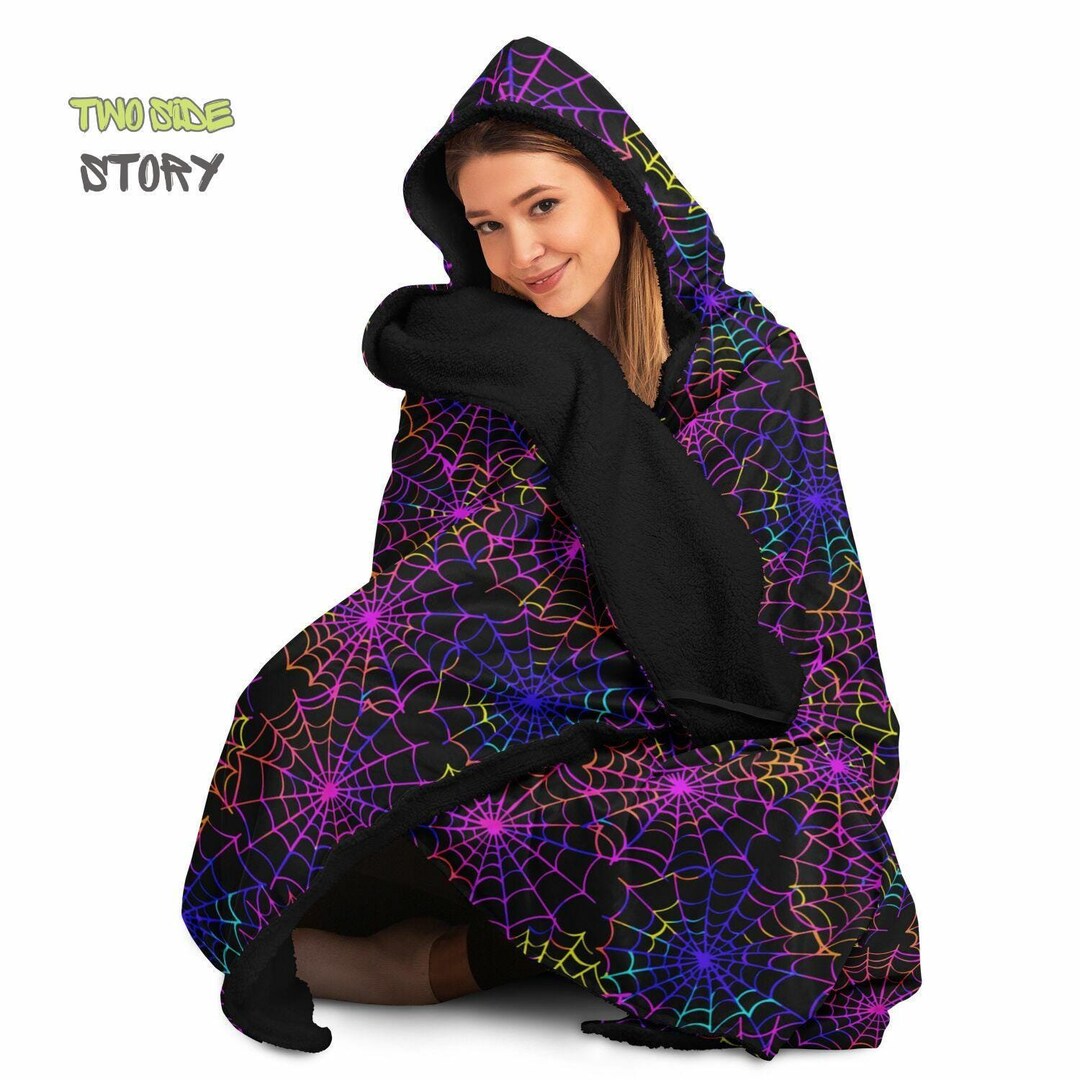 Micro-fleece Halloween Neon Cobweb Printed Hooded Cloak, Festival Rave ...
