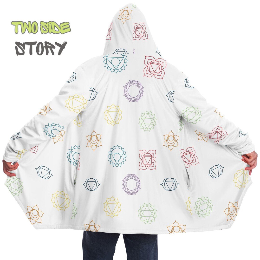 White Sacred Geometry Micro-fleece Chakra Print Hooded Cloak,soft 7 ...