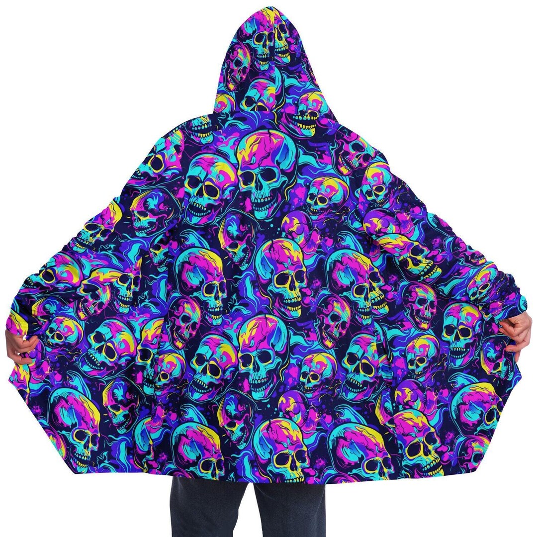 Micro-fleece Neon Skulls Hooded Cloak, Festival Rave Party Wear ...