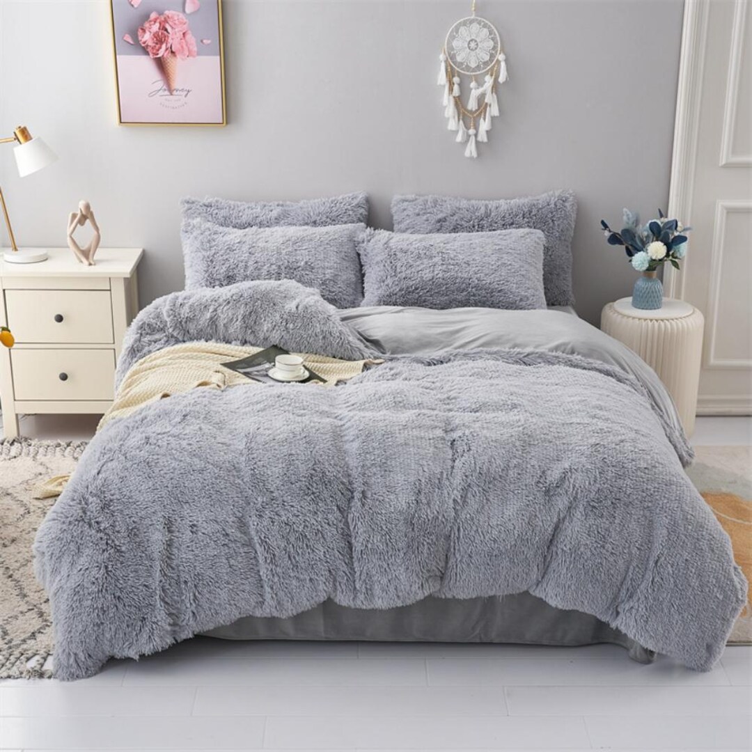 Light Grey Plush Fluffy Bedding Set – Soft Neutral Faux Fur Bed Set for ...