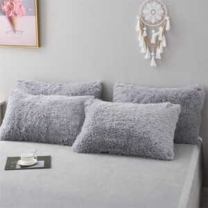 Light Grey Plush Fluffy Bedding Set – Soft Neutral Faux Fur Bed Set for ...
